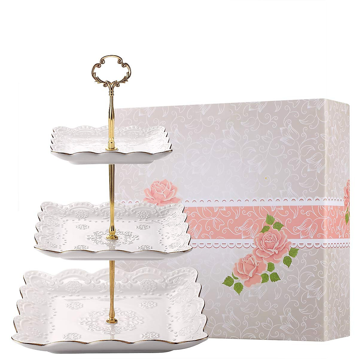 Sumerflos 3-Tier Square Porcelain Cake Stand, White Rimmed with Gold Embossed Cupcake Dessert Stand - Tiered Serving Tray for Tea Party and Show