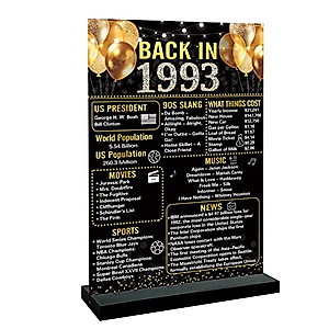 Trgowaul 30th Birthday Decorations for him, Black Gold Back in 1993 Birthday Poster Acrylic Table Sign with Stand, 30 Birthday Anniversary Decor Gifts Men, Vintage 1993 30 Years Ago Poster for Women