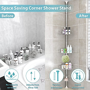 Tension Shower Caddy , Stainless Steel Corner Shower Caddy Stand Storage Organizer with Rustproof Tension Pole for Bathroom Bathtub Shampoo Soap Plants, 4 Tier Adjustable Shelves, 54 to 125 Inch