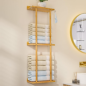 Cozivolife Towel Rack Bamboo for Bathroom, 3 Tier 32.7 inch with 2 Hooks and Shelf Wall Mounted Towel Storage Organizer Shelf, Large Capacity Towel Holder (Natural)