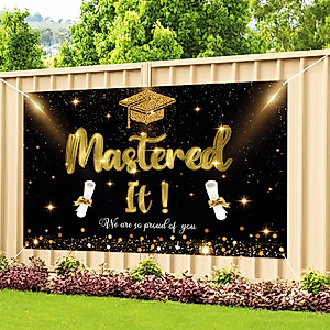 Labakita Mastered It Backdrop Banner, Masters Graduation Decorations, Masters Degree Graduation Banner, Graduation Decorations 2024, Graduation Party Indoor/Outdoor Decorations（Black and Gold）