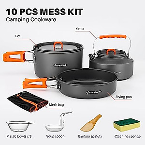 Odoland 10pcs Camping Cookware Camping Pots and Pans Set with Kettle Plastic Bowls and Soup Spoon for Camping, Backpacking, Outdoor Cooking and Picnic