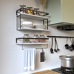 RICHER HOUSE 2+1 Tier Wall Mounted Floating Shelves Set of 2, Rustic Wood Wall Shelf with Metal Frame, Extra Storage Rack for Bathroom, Kitchen, Bedroom with Tissue Rack & Towel Bar - White