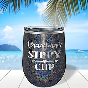 Grandmas Sippy Cup Gift for Women Birthday on Black Glitter 12 oz Insulated Wine Tumbler