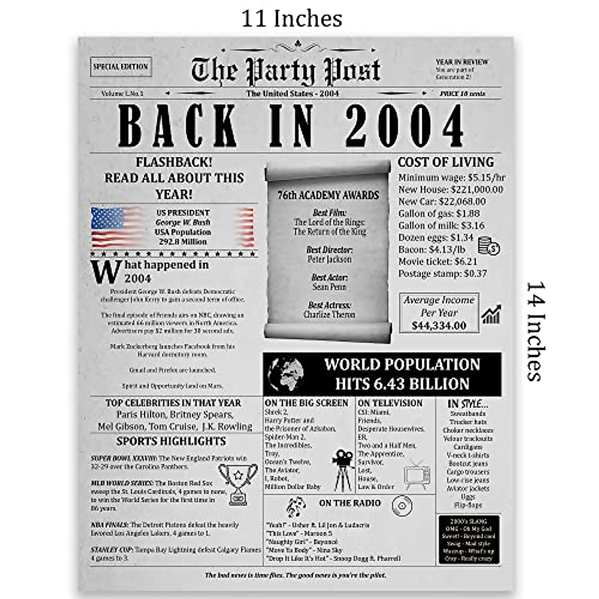 19th Birthday Party Decorations Poster - 19 Years Ago Anniversary Card for Women and Men. Back In 2004 Home Decor Supplies for Her or Him Turning 19 Years Old. 11 x 14 In Birthday Retro Card.