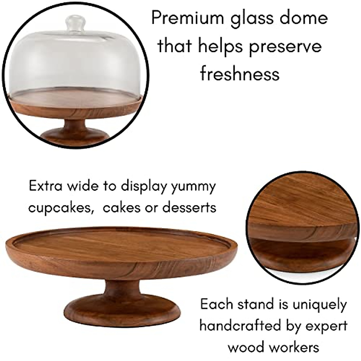 BIRDROCK HOME Cake Stand with Glass Dome and Wood Base - Wood Iron Dessert Serving Tray - Rustic Farmhouse Dessert Stand - Modern Party Oversized Server - Table Kitchen Home Display - Round