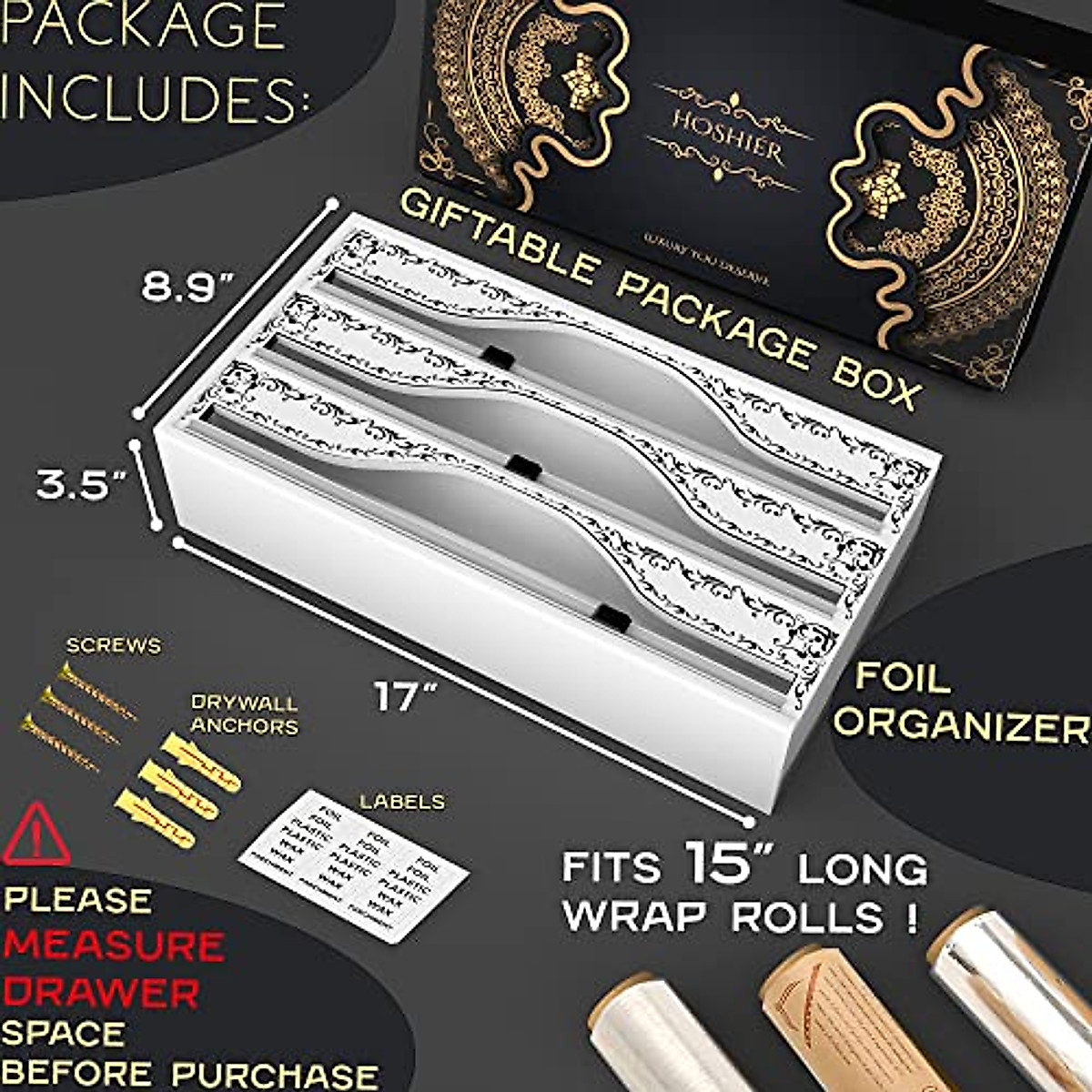 Extra Long Foil and Plastic Wrap Organizer for 15" Rolls, 3 in 1 Plastic Wrap Dispenser with Cutter, Aluminum Foil Organization And Storage, Parchment, Wax Paper Dispenser for Drawer