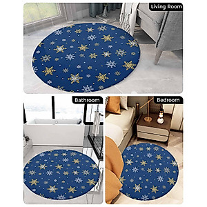 Navy Gold Snowflake Fluffy Round Area Rug Carpets 3.3ft, Plush Shaggy Carpet Soft Circular Rugs, Non-Slip Fuzzy Accent Floor Mat for Living Room Bedroom Nursery Decor Christmas Minimalist White Blue