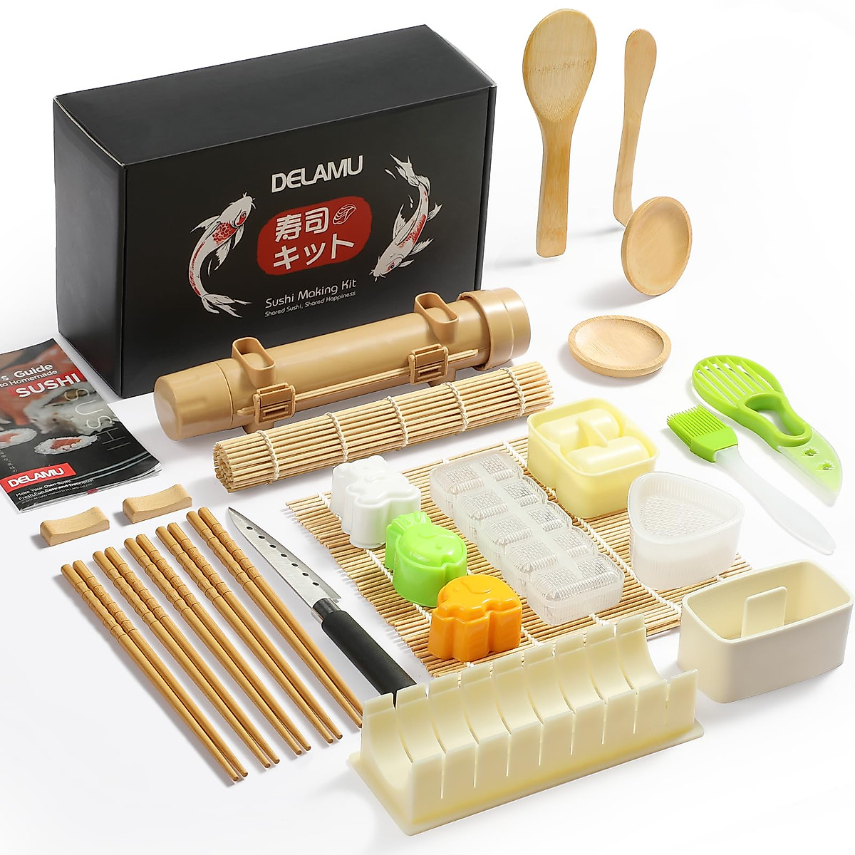 Delamu Sushi Making Kit, 23 in 1 Sushi Maker Bazooker Roller Kit with Bamboo Mats, Chef's Knife, Triangle/Nigiri/Gunkan Sushi Rice Mold, Chopsticks, Sauce Dishes, Rice Spreader, User Guide