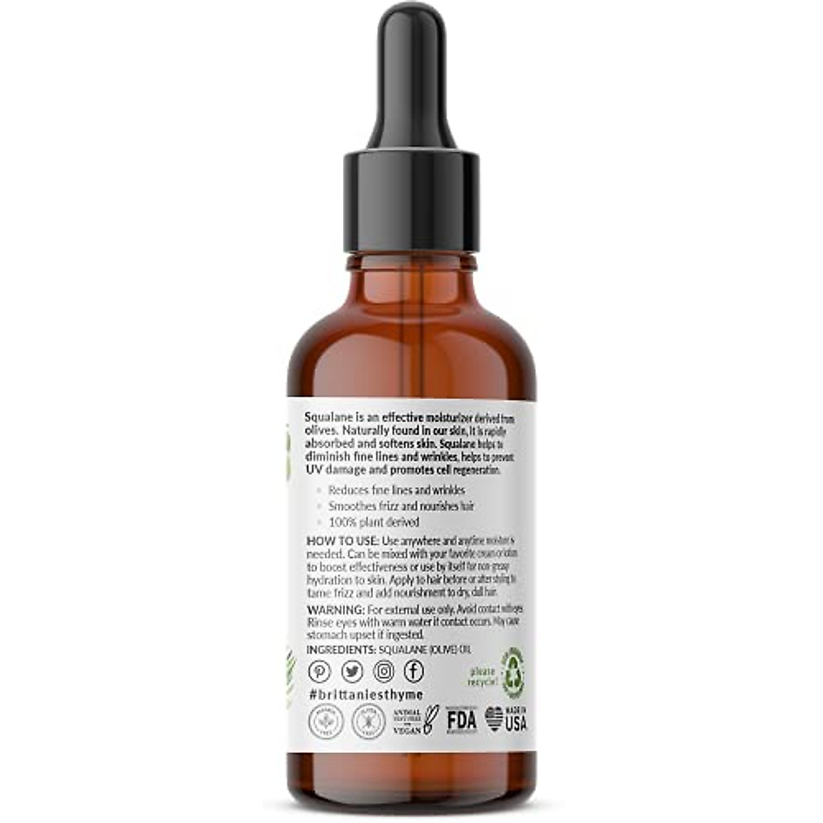 Brittanie's Thyme Squalane Skin Moisturizing Oil 2oz | 100% Plant Derived Squalane for Face, Skin & Hair | Luxurious Formula, Lightweight Formula for Hydration