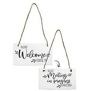 Darware Meeting in Progress / Do Not Disturb Wood Sign (White), Reversible Home and Office Meeting Door Hanger