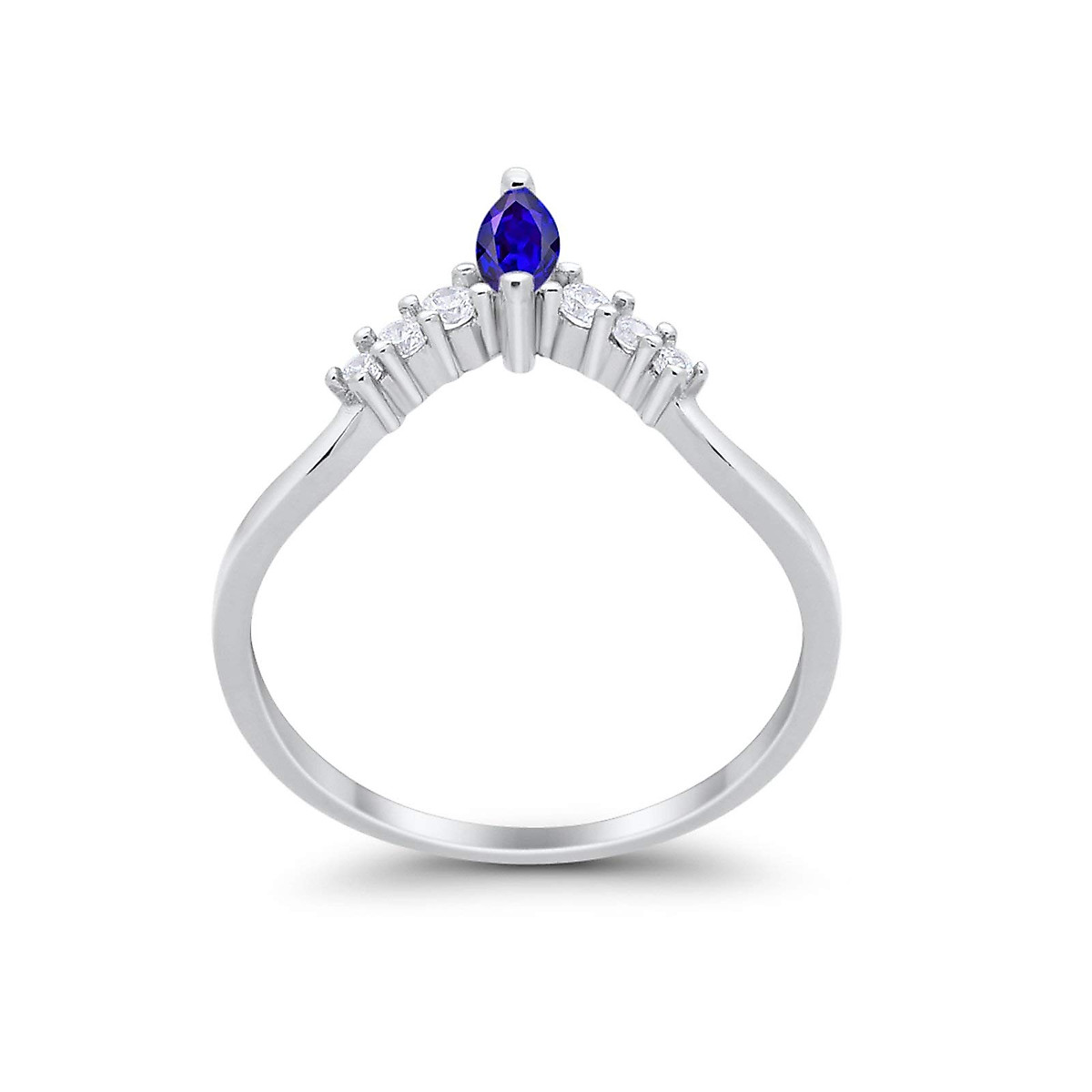 Art Deco Wedding Engagement Curved Chevron Midi Band Marquise Round Simulated Blue Sapphire Cubic Zirconia 925 Sterling Silver Size-6