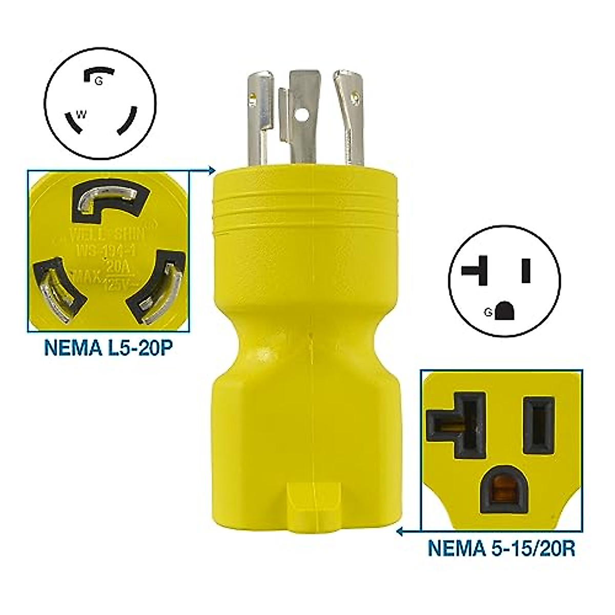 Conntek 30123 L5-20P to 5-15/20R Plug Adapter, Yellow