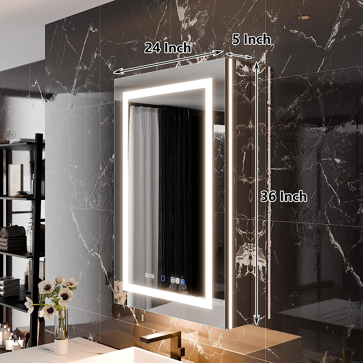 24 x 36 Lighted Medicine Cabinet with Mirror, Front & Backlit led Medicine Cabinet, Clock Temp Display, Defog,10x Magnifier, 3 Colors Temper Dimmable, Surface or Recessed Mount, Hinge on The Right