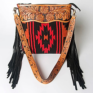 American Darling Large Leather Fringe Crossbody Bag Vintage Quilted Saddle Blanket Western Handbags Cowhide Handmade Shoulder Handbag Hand-Carved Strap ADBGZ555