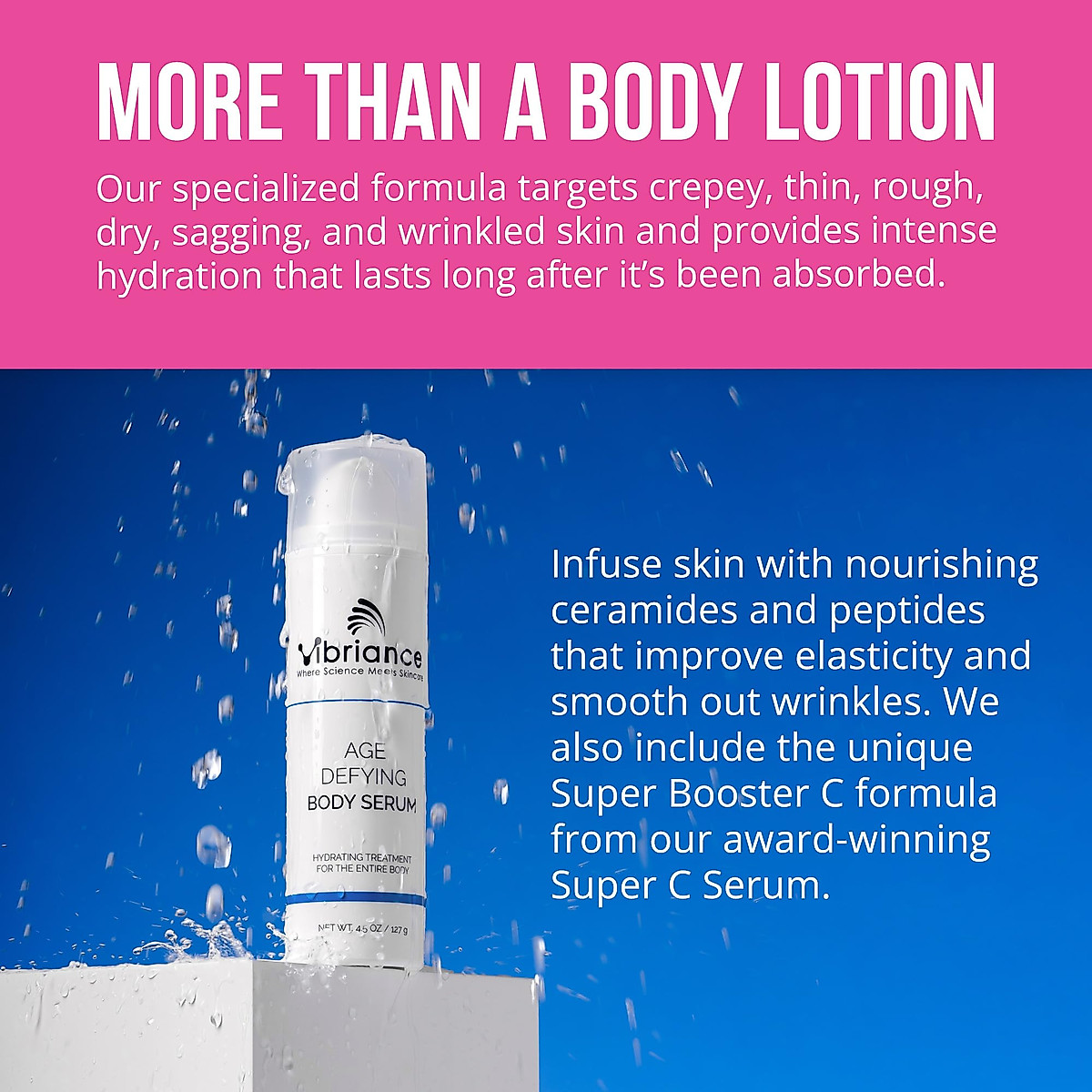 Vibriance Age Defying Body Serum, 4.5 fl oz - Anti Aging and Ultra Hydrating - Infused with Hyaluronic Acid - Fast-Absorbing Crepey Skin Corrector for Wrinkles, Dryness