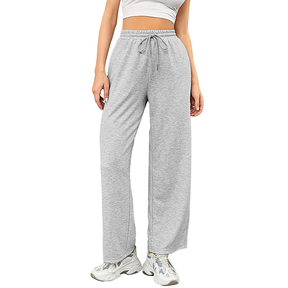 Verdusa Women's Drawstring Elastic Waist Straight Leg Sweatpants Joggers Grey L