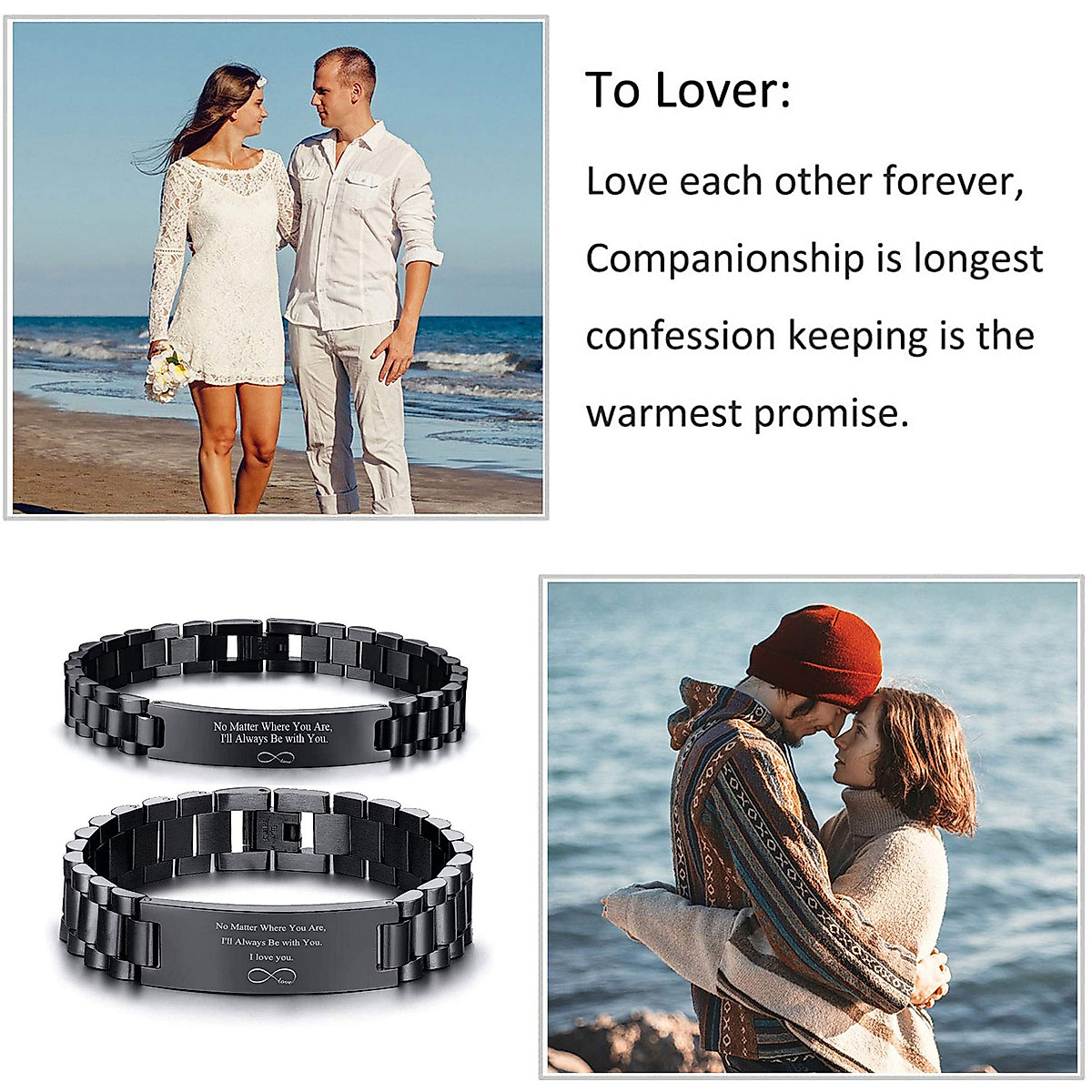 VNOX Personalized Engraved Love Quote Link Bracelet from Wife Anniversary Birthday Gifts to Lover Boyfriend Husband,Adjustable (A pair-for HIm&Her-I'll Always Be with You.)