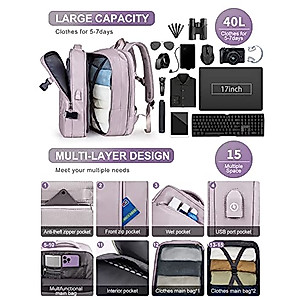 Large Travel Backpack for Women,Carry On Backpack,Expandable Airline Airplane Approved Weekender Backpack,Hiking Backpack,Laptop Backpack with USB Charging Port,Waterproof 40L Backpack, Lotus Pink
