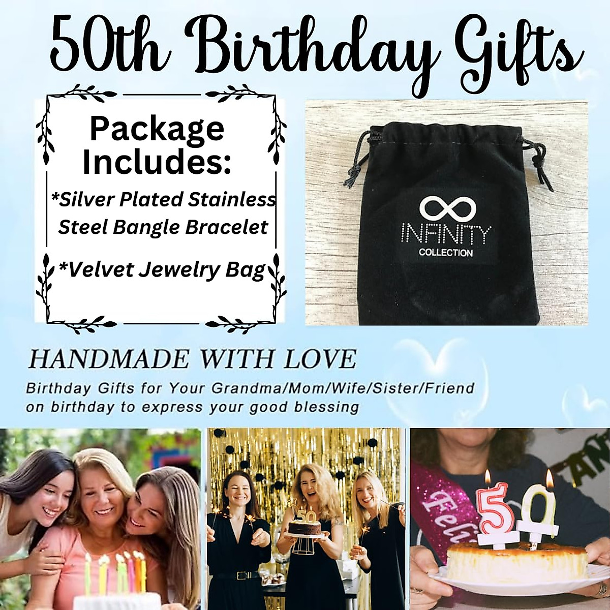 Infinity Collection 50th Birthday Charm Bracelet - Fabulous and Fifty Gift for Her, Unique Birthday Bracelet