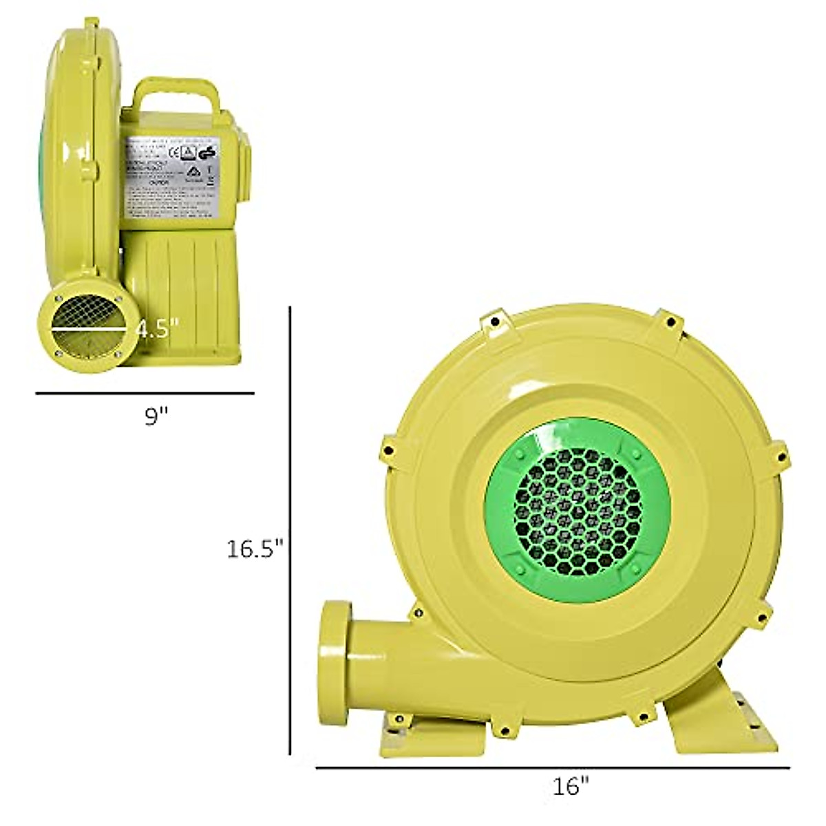 Outsunny Electric Air Blower 750-Watt Fan Blower Compact and Energy Efficient Pump Indoor Outdoor for Inflatable Bounce House, Bouncy Castle and Pneumatic Swimming Pool, Yellow