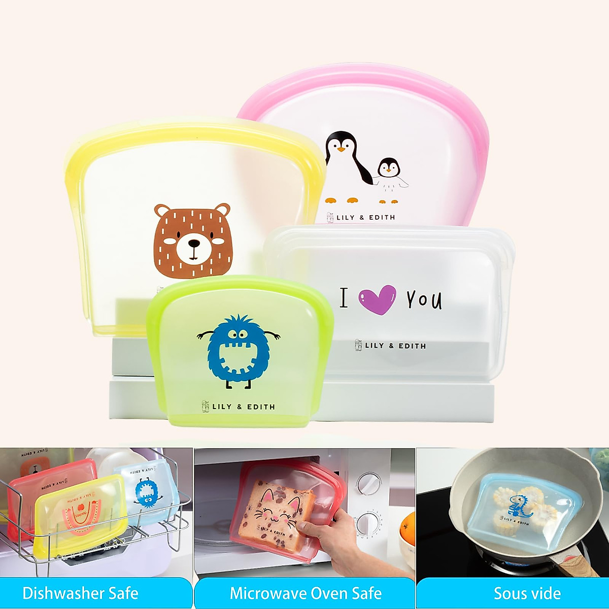 LILY & EDITH Dinosaur Silicone Reusable Snack Bags Dishwasher Microwave Freezer Safe, BPA Free, Leakproof Reusable Food Storage Bags, Plastic Free Snack Pouch, Accessory bag, Portable 400ml (Pink)