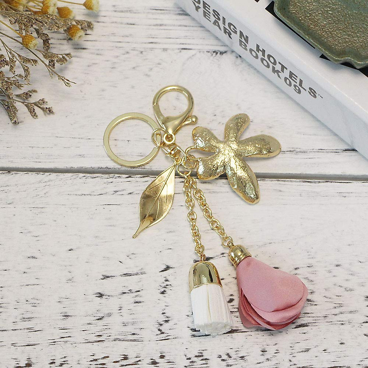 SWJEWEL Flower Keychain Rhinestone Tassel Leaf Key Ring Women Wallet Bag Pendant Charms Gold Pink