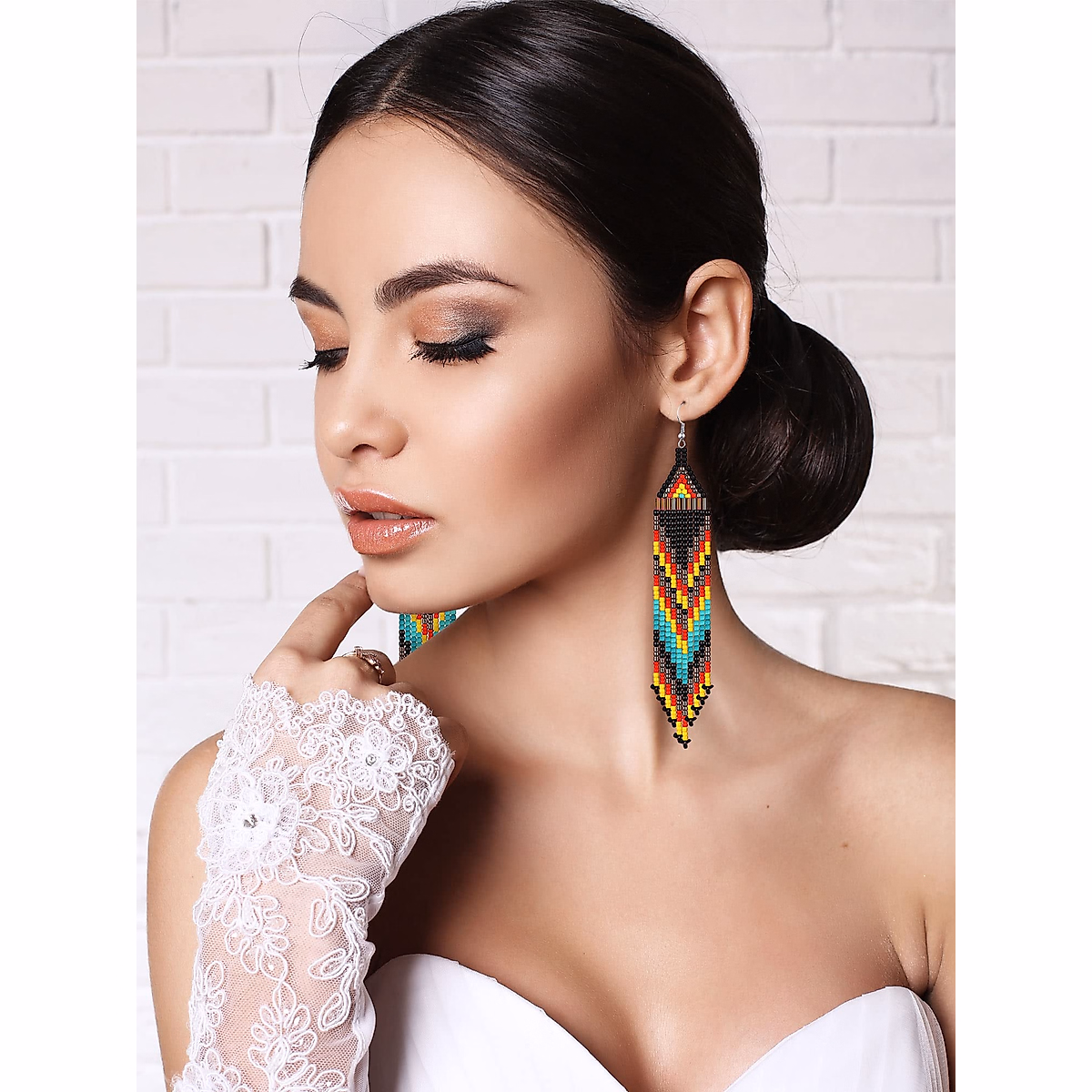 BBTO 4 Pcs Long Beaded Tassel Earrings Bohemia Colorful Native Handmade Statement Fringe Drop Earrings Boho Dangle Tassel Earrings for Women(Exotic)