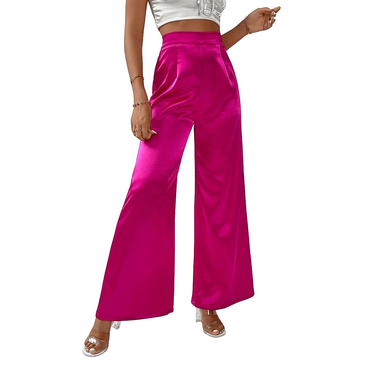 WDIRARA Women's Wide Leg High Waisted Zip Fly Flowy Loose Pants Elegant Party Pants Hot Pink S