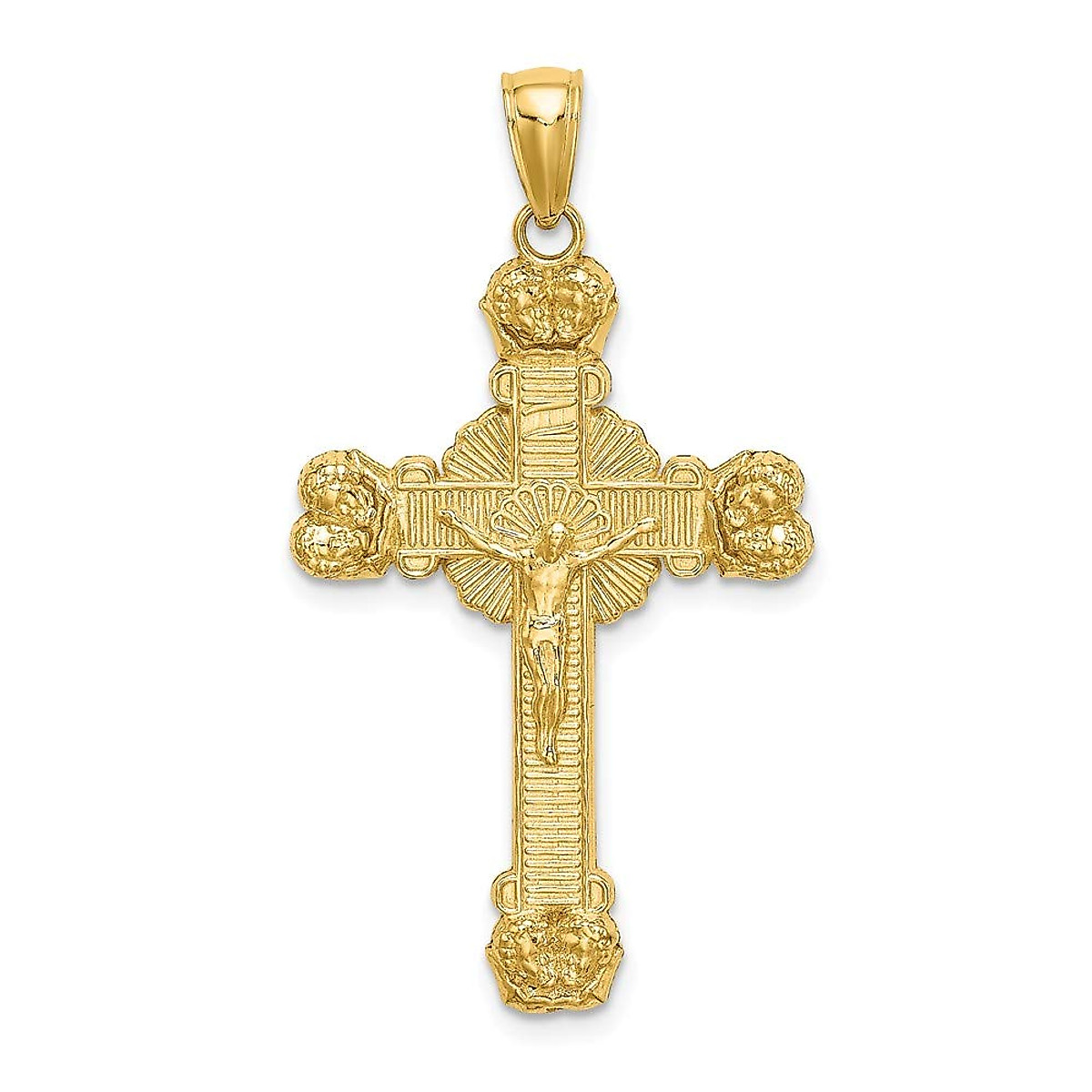 Solid 14k Yellow Gold Cross Crucifix SUNBURST Charm Pendant - 38mm x 22mm