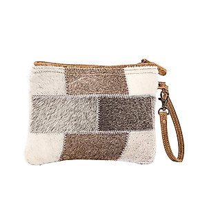Myra Bag Silver Brick Upcycled Leather & Cowhide Wristlet Pouch Bag S-1502
