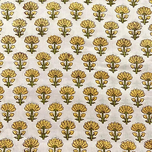E-Tailor® Cotton Fabric India Hand Block Print Floral Fabric Ideal for Dress Making, Craft and Arts, Patchwork, Quilting, Doll Making, DIY Craft-1 Yard- Floral -Parchment