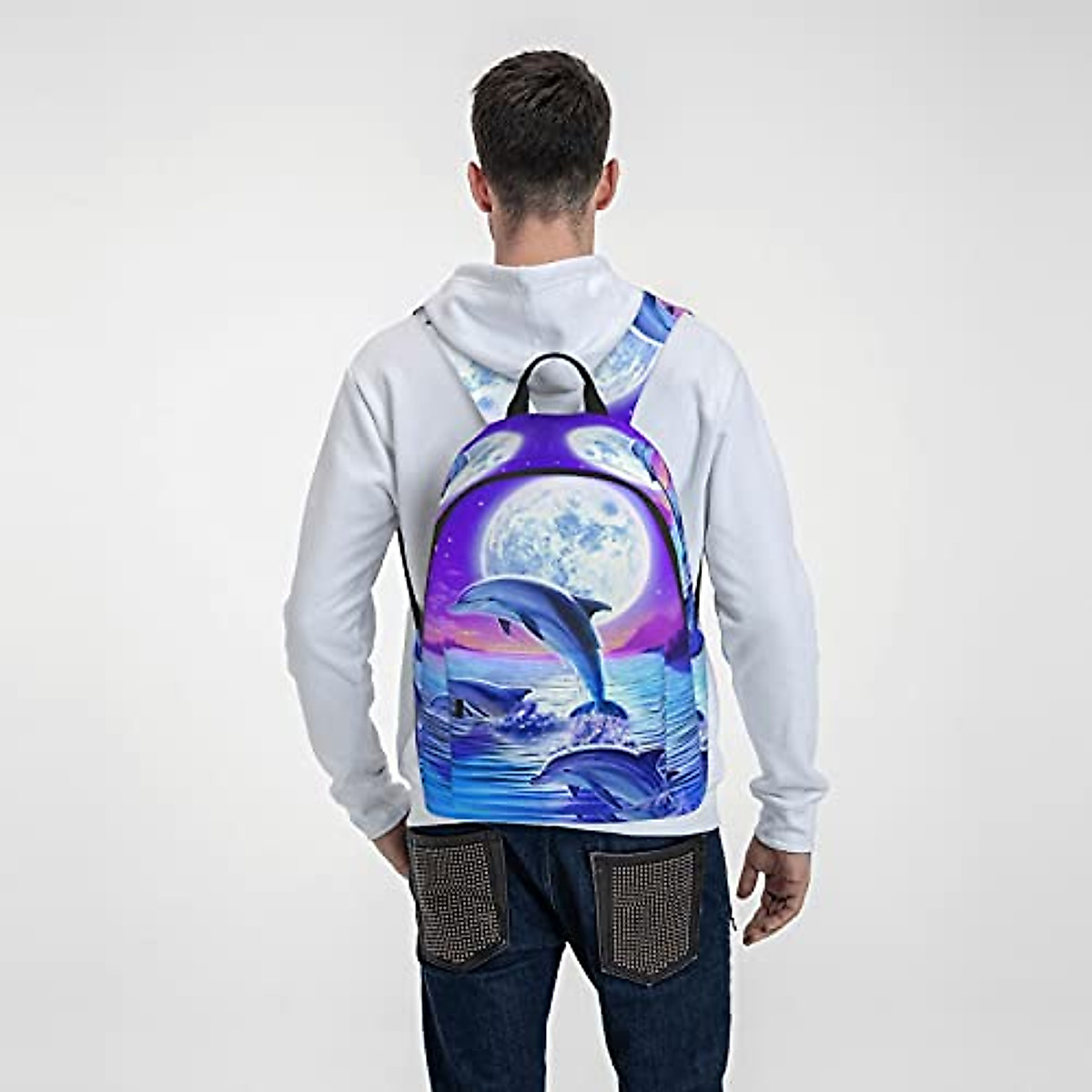 FeHuew 16 inch backpack Fantasy Galaxy Moon Dolphins Laptop Backpack Full Print School Bookbag Shoulder Bag for Travel Daypack