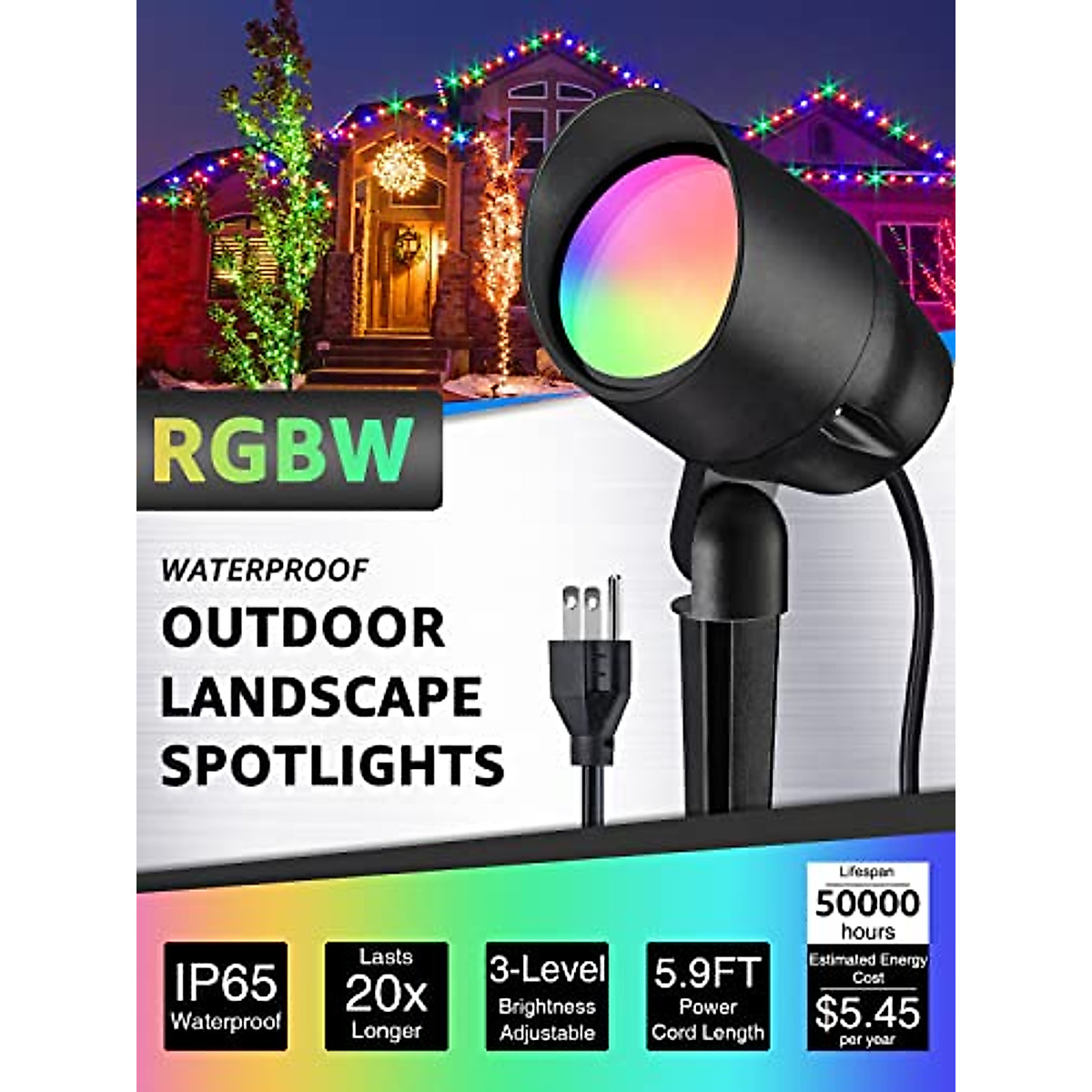 SUNVIE 15W RGBW Spot Lights Outdoor LED Spotlight 120V Color Changing Landscape Lights with Remote Control Aluminum Waterproof Outdoor Spotlights Plug in for Yard Tree House Garden Christmas, 2 Pack