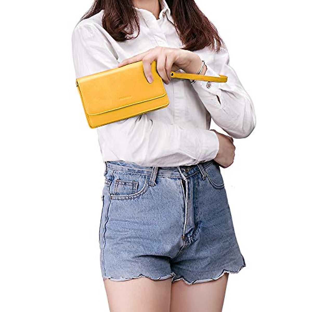 nuoku Women Small Crossbody Bag Cellphone Purse Wallet with RFID Card Slots 2 Straps Wristlet, E- Yellow