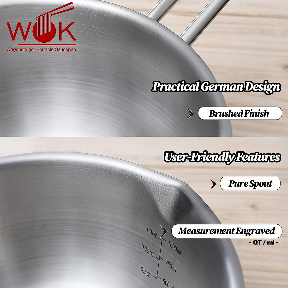 WAGENSTEIGER Stainless Steel Baby Wok 200mm / 7.87inches, 3-Ply Base with Aluminum Core, All Cooktops, Multipurpose Saucepan, Ramen Pot, On-the-go Cooking Pot for Outdoor or Camping