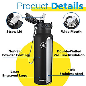 Han's Bottle Sports Water Bottle - 24 Oz, Straw Lid, Leak Proof, Vacuum Insulated Stainless Steel, Double Walled, Thermo Mug,Black