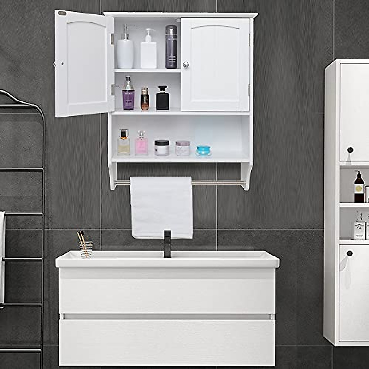 Iwell Bathroom Cabinet Bundle, Bathroom Wall Cabinet with 1 Adjustable Shelf & Door, Medicine Cabinet for Bathroom, Wall Mounted Bathroom Cabinet, White