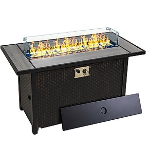 SUNLEI 45" Propane Fire Pit, Outdoor Fire Pit Tables Rectangular Tabletop with Lid and Blue Fire Glass, 50000 BTU Glass Wind Guard and Tables for Outside Patio, Backyard…