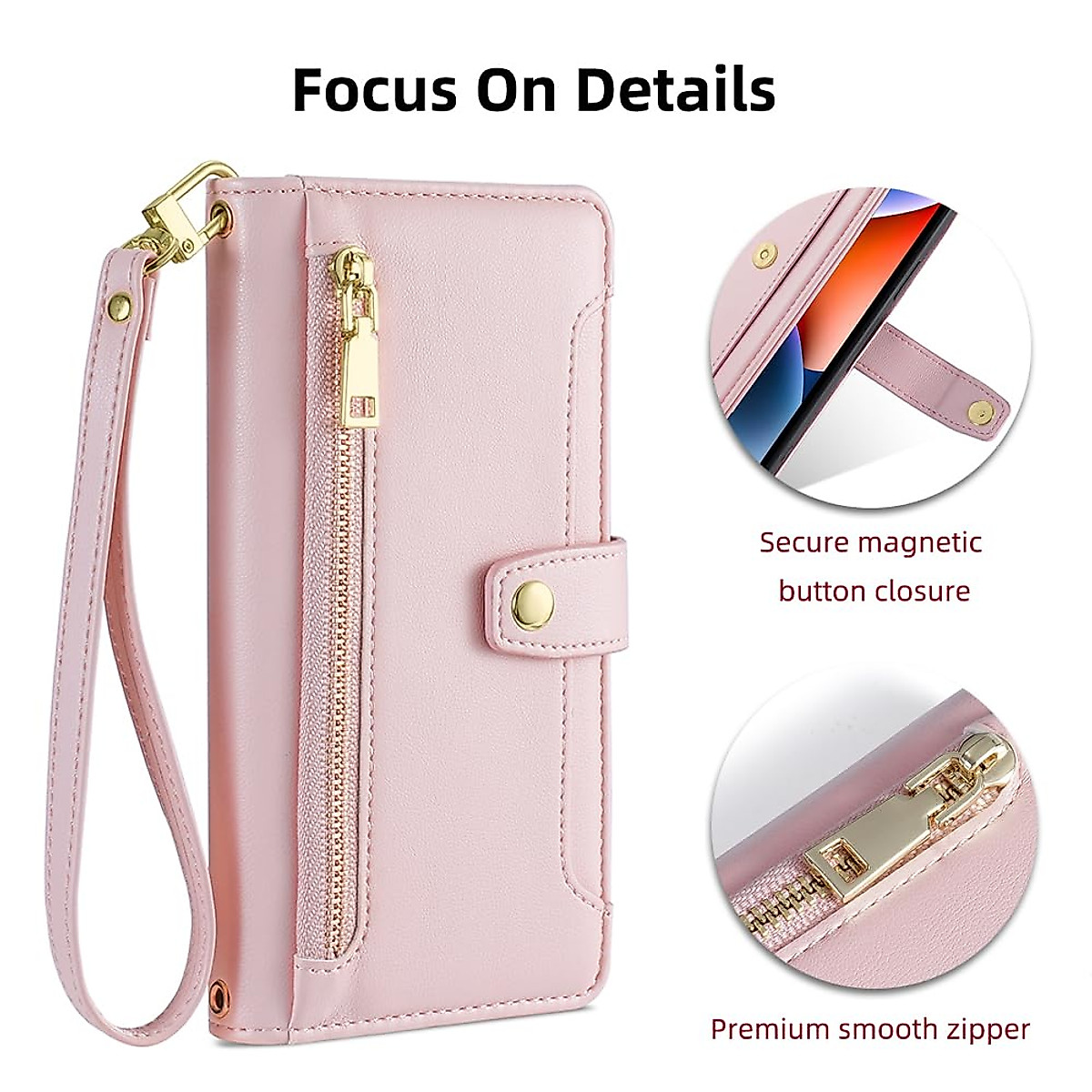 Arseaiy Wallet Case for Huawei Y5Ⅱ/CUN/U29/Play 5/Honor 5A/Y6 Elite Flip Phone Case with Crossbody Strap Magnetic Handbag Zipper Pocket PU Leather Shockproof with Kickstand Phone Shell Pink