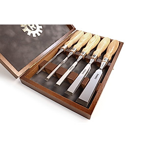Narex 853600 5 Piece Boxed Set of Richter Extra Bevel Edge Chisel (1/4, 3/8, 1/2, 3/4 and 1 inch) Cryogenic Treated Cr-V Steel Hardened to HRc 62 Ergonomic Ash Handles Stainless Steel Ferrules
