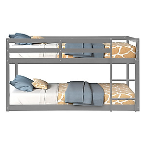 Bunk Beds Twin Over Twin, Wood Kids Low Bunk Bed with Guard Rails, Ladder for Young Children Boys Girls Dormitory Bedroom, No Box Spring Needed (Grey)