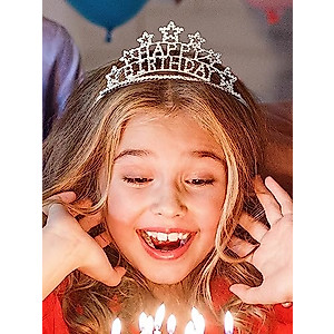SWEETV Happy Birthday Tiara Crown for Girls & Women, Rhinestone Bday Crown with Comb, Crystal Birthday Party Hat Gift Princess Headpieces, Clear