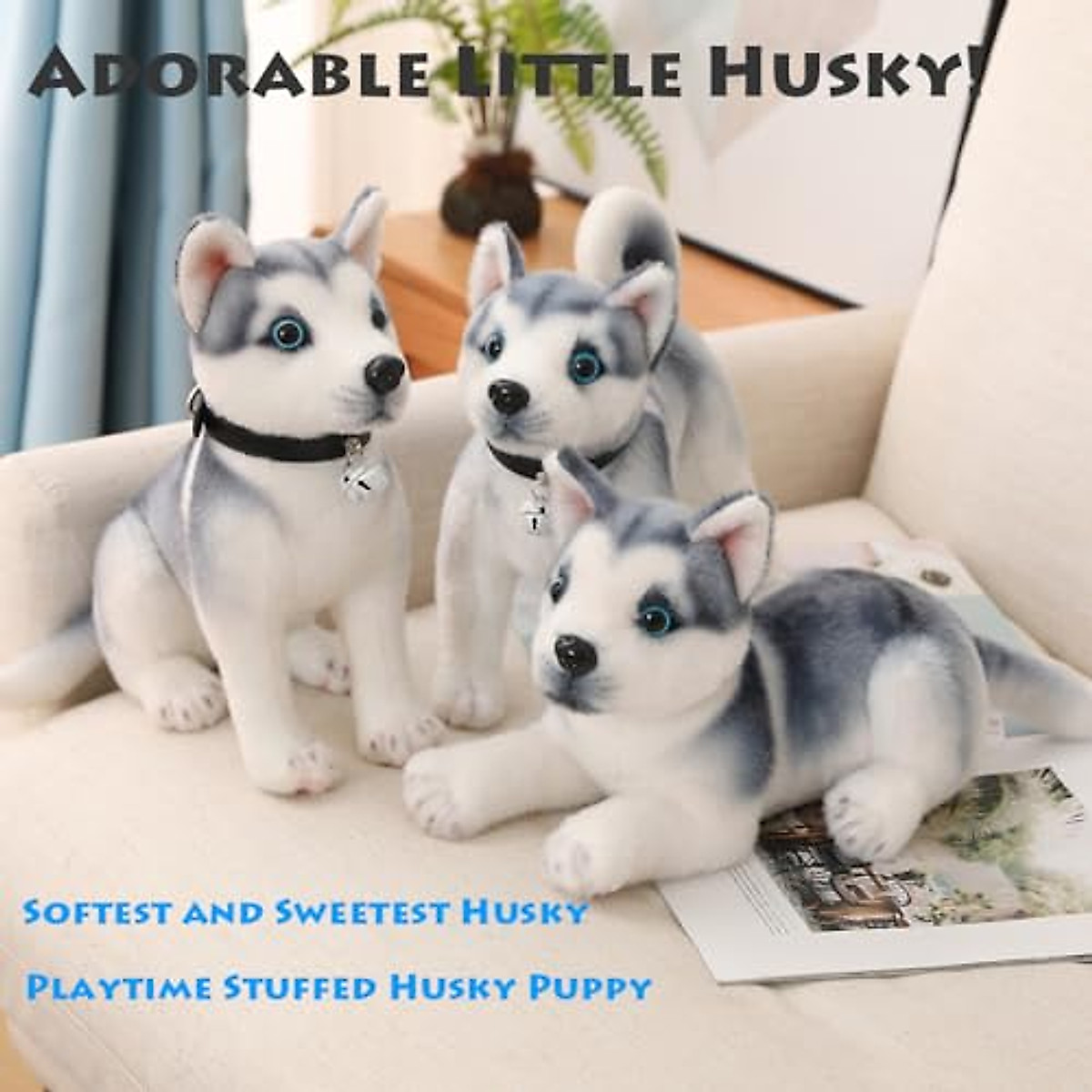 ELAINREN Lifelike Furry Husky Stuffed Animals Realistic Huskies Plush Toy Simulation Siberian Husky Plushie Dolls Gifts/11.8''