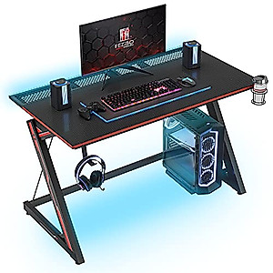 FEZIBO Gaming Desk 40 inch with LED Lighting, PC Computer Desk Gaming Table Z Shaped Gamer Workstation with Wire Mesh, Black
