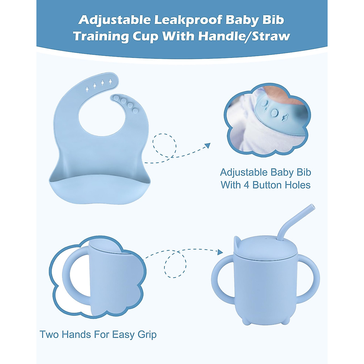 OFUN 8 Pack Silicone Toddler Feeding Set, Baby Led Weaning Supplies with Adjustable Bib, Divided Suction Plate, Bowl and a Sippy Cup, with 2 Spoon, 2 Folk, Eating Utensil for 6+ Months