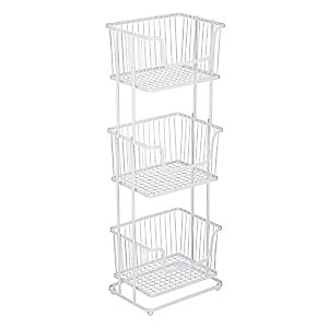 mDesign Tall 3 Basket Tiered Bathroom Holder, Metal Wire Floor Stand Storage Layered Rack with Three Tier Storage Shelving Bathroom Organizer Bins for Bath Towels, Hand Soap, and Toiletries - White