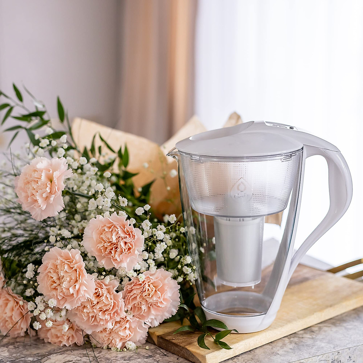 DAFI Glass Water Filter Pitcher with Alkaline Filter | 64 oz | waterdrip Water Purifier for Drinking Water, Clearly Filter jug, Water purifer | White LED, BPA-Free | Made in Europe