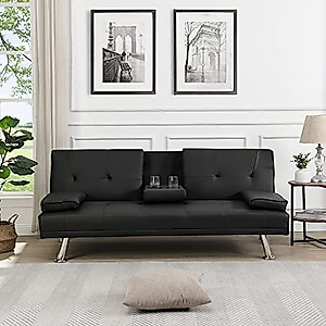 Penifun Convertible Folding Futon Sofa Bed Sleeper Couch for Living Room PU Leather Upholstered Loveseat with Armrest & Two Cup Holders, Solid Wood Frame/Stainless Leg, Black