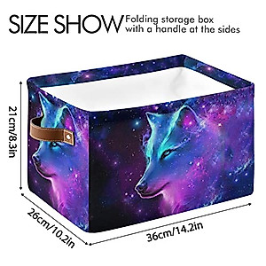 Starry Night Wolf Storage Basket Set of 1 Large Fabric Storage Basket Bins Box Cube with Handles Collapsible Closet Shelf Clothes Organizer Basket for Nursery Bedroom